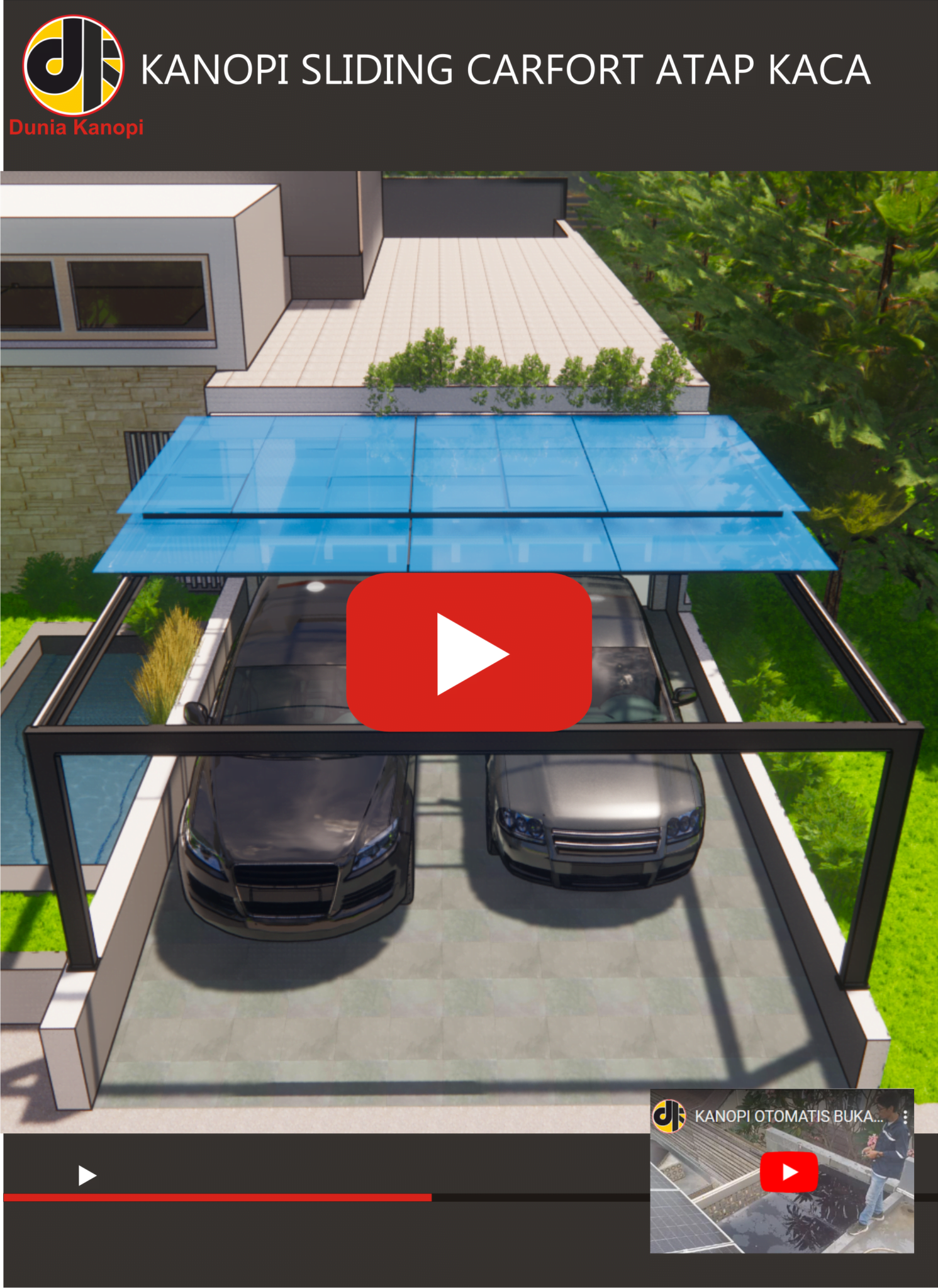 Kanopi Sliding Geser Buka Tutup | Otomatis | Kaca & SolarFlat